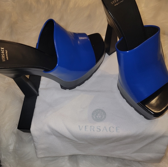 Versace | Shoes | Versace Blue And Black Clog Heels | Poshmark